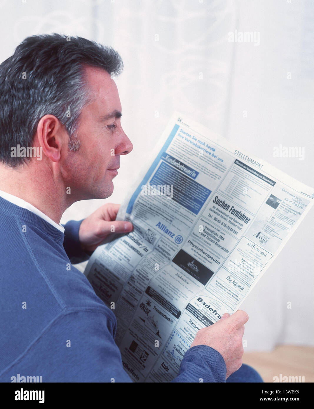 Man, middle old person, help-wanted ads, read hairs, grey, grey-haired ...