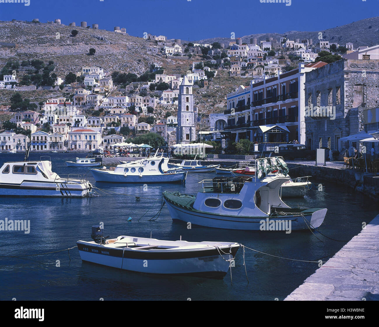 Greece, island, Symi, town view, harbour, clock tower, Dodekanes, town ...