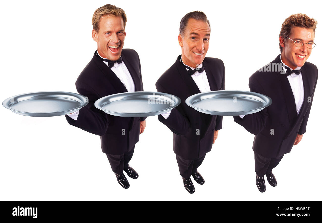 Waiters, stand, present side by side, happy, silver tablet, professions ...