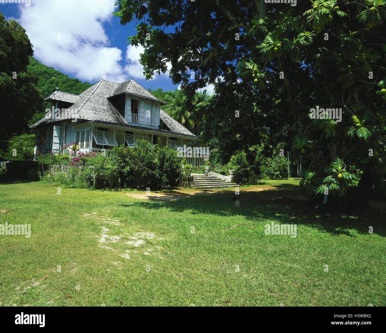 The Seychelles, Mahe, east coast, residential house, colonial style ...