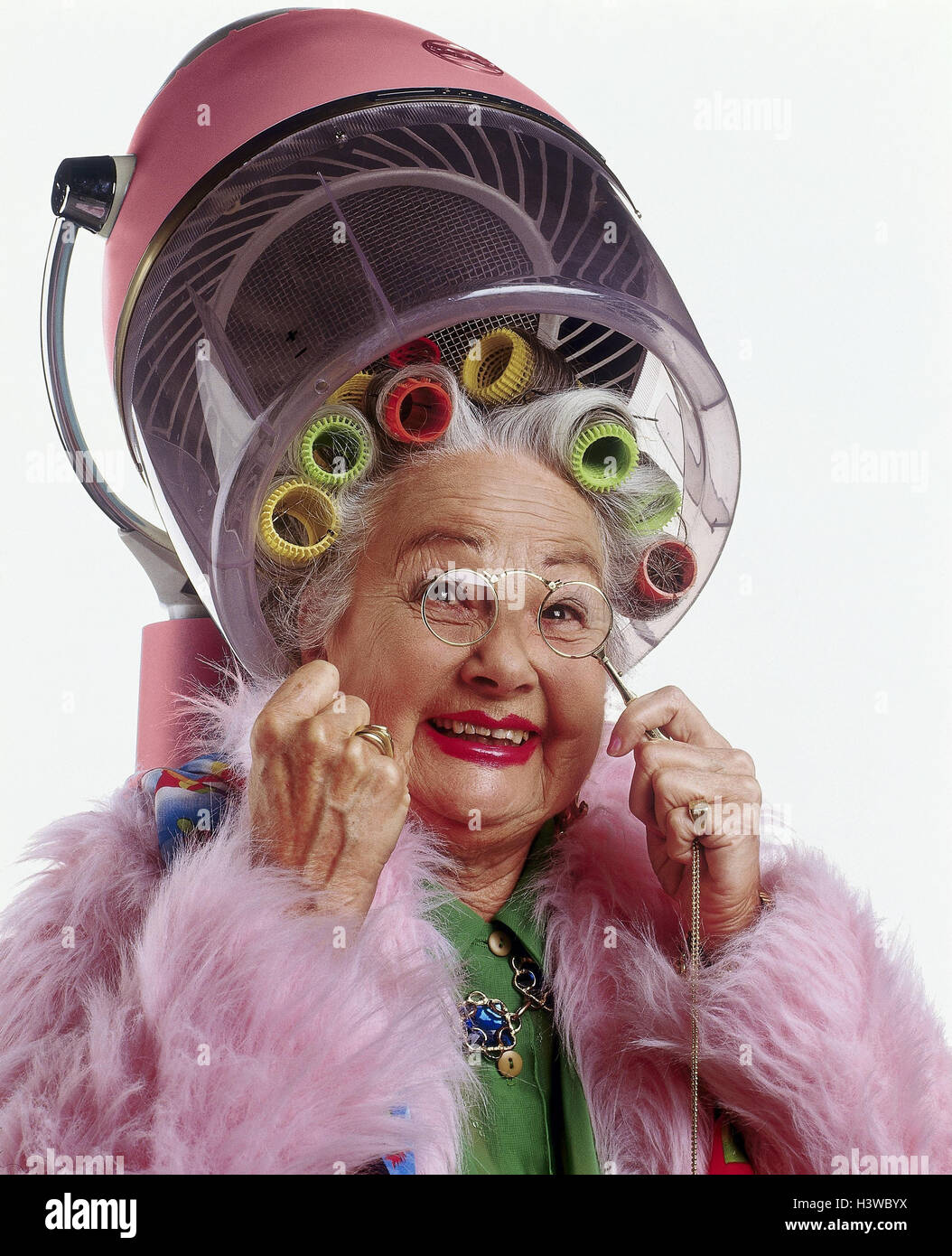 Hairdressing salon, senior, curler, hair dryer, Lorgnon, hold, happy ...