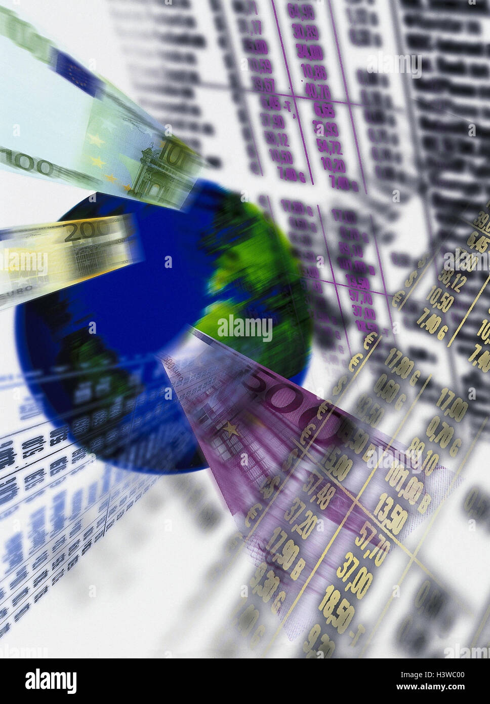 Market prices, globe, bank notes, euro, "fly", Composing, EWWU, WWU ...