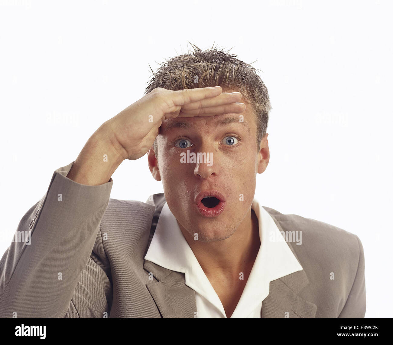 Man, astonished young, gesture, view, distance, portrait, Men, studio ...