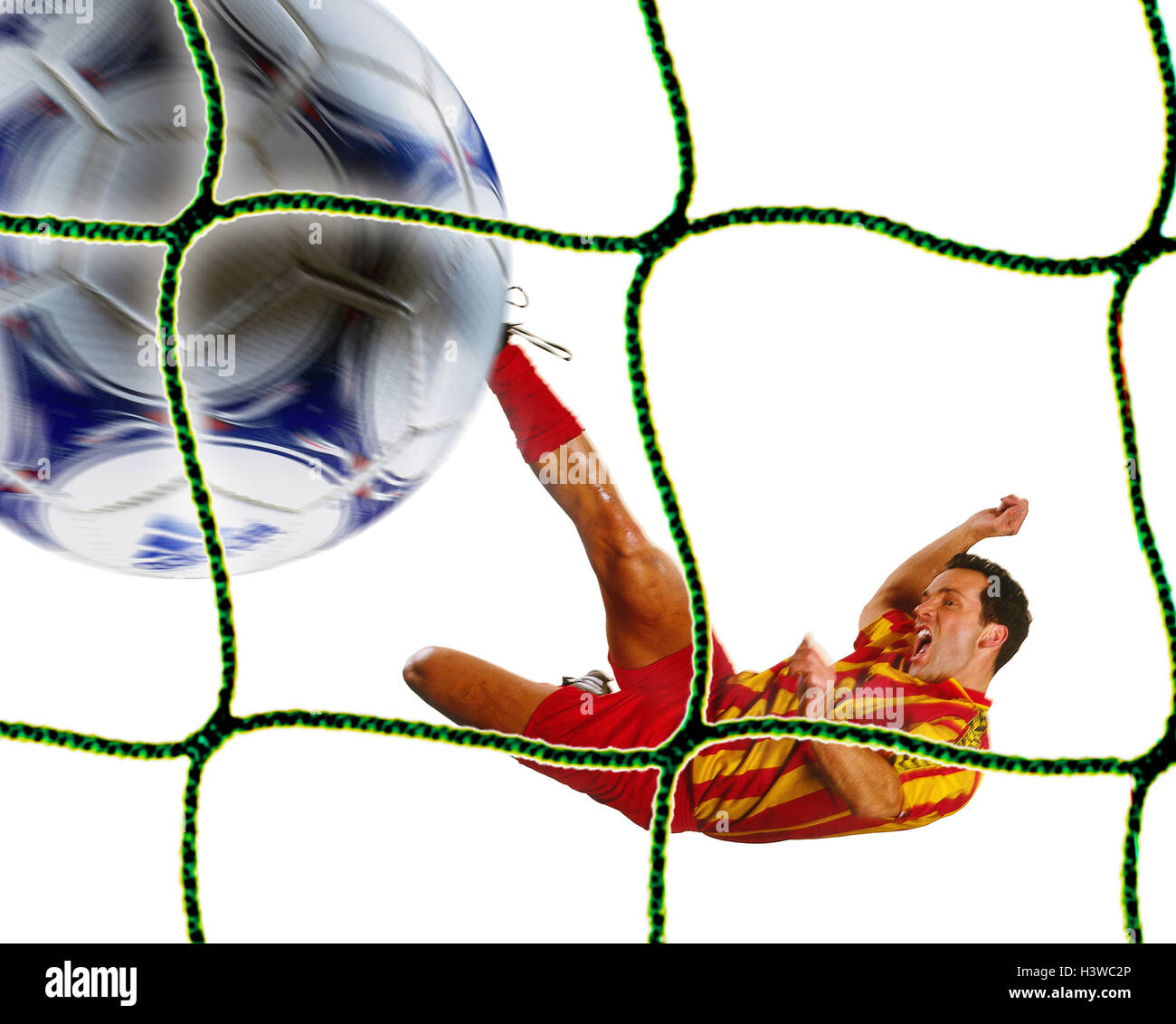 Football, player, shot at goal, network, detail, [M] of sport ...