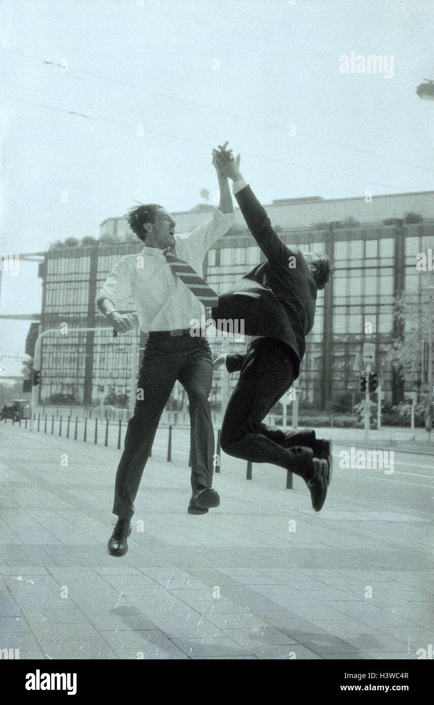 Town, manager, two, gesture, cheering, caper, b/w, outside, business ...