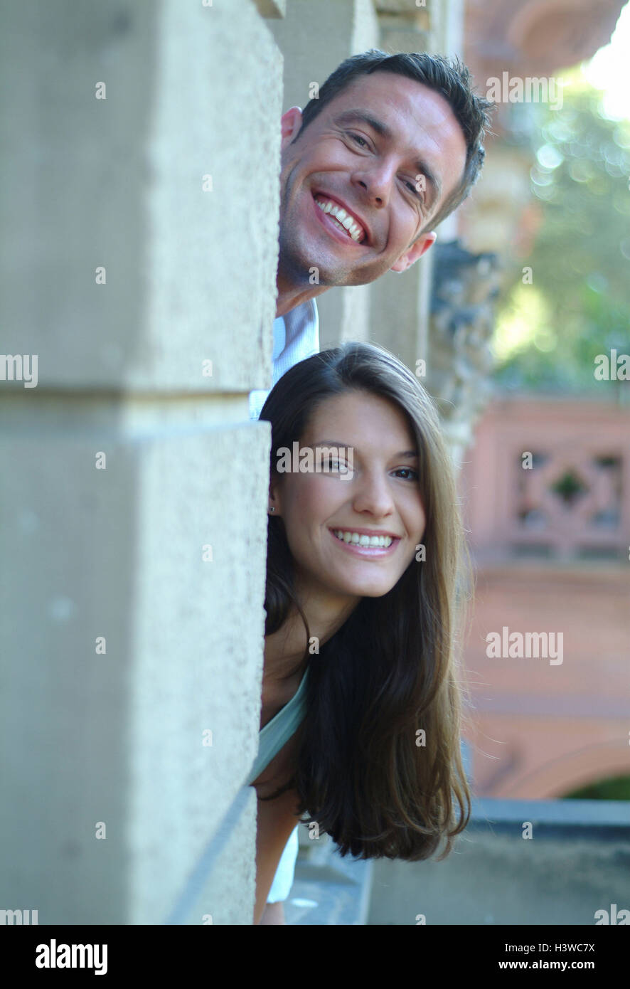 House facade, couple, view window, laugh, portrait, facade, view ...