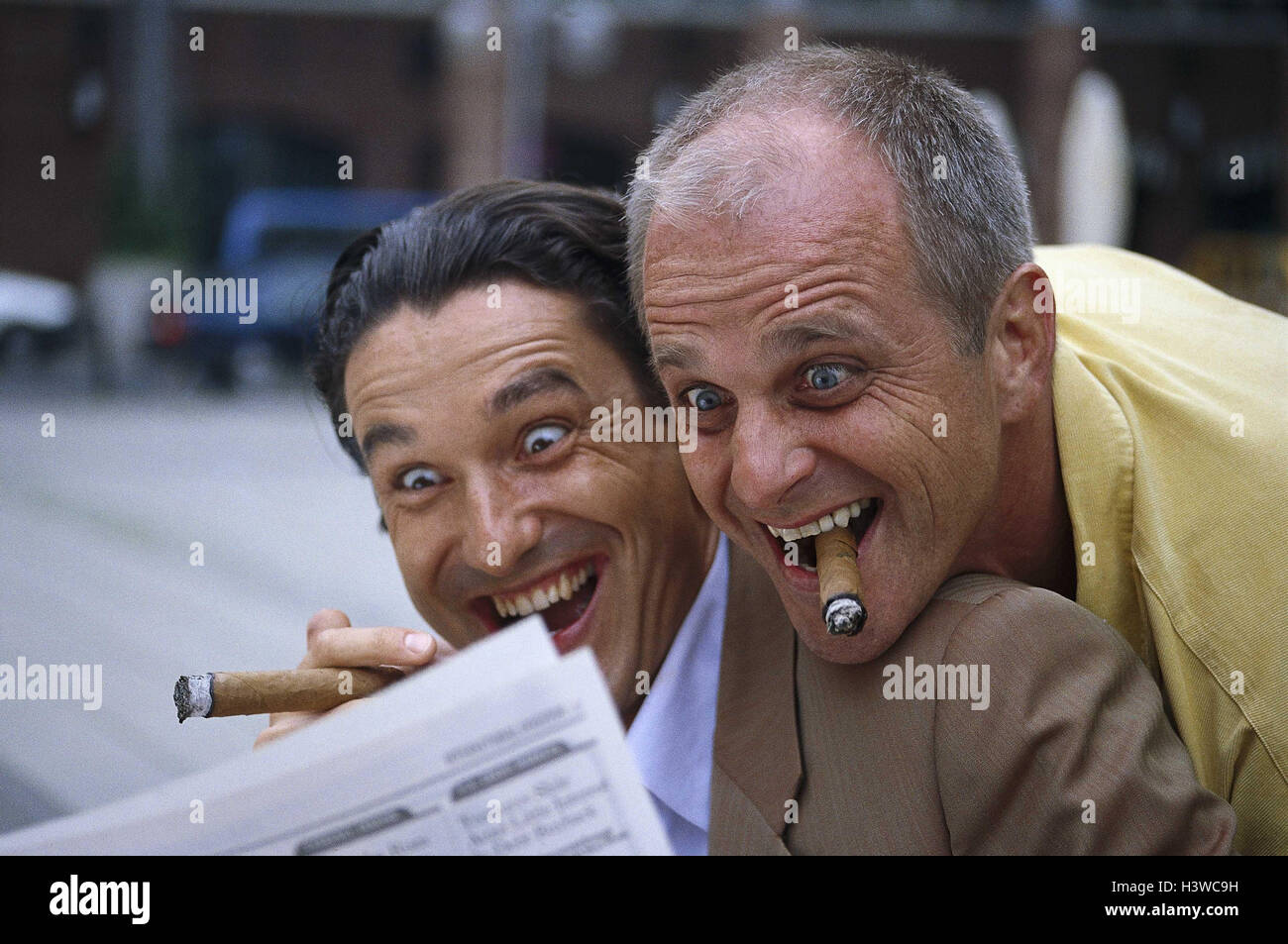 Town, men, two, cigar, smoke, newspaper, read, facial play, joy ...