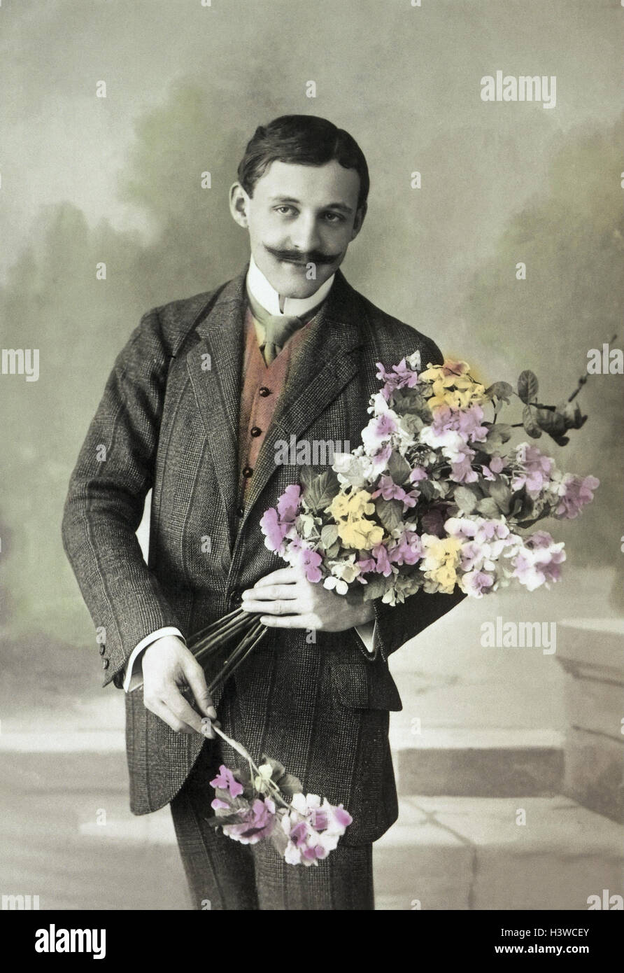 Nostalgia, man, suit, moustache, bouquet, b/w, coloriert, men ...