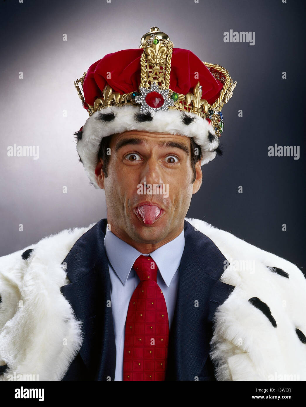 King, young, ermine's casing, crown, gesture, tongue, stick out, half ...