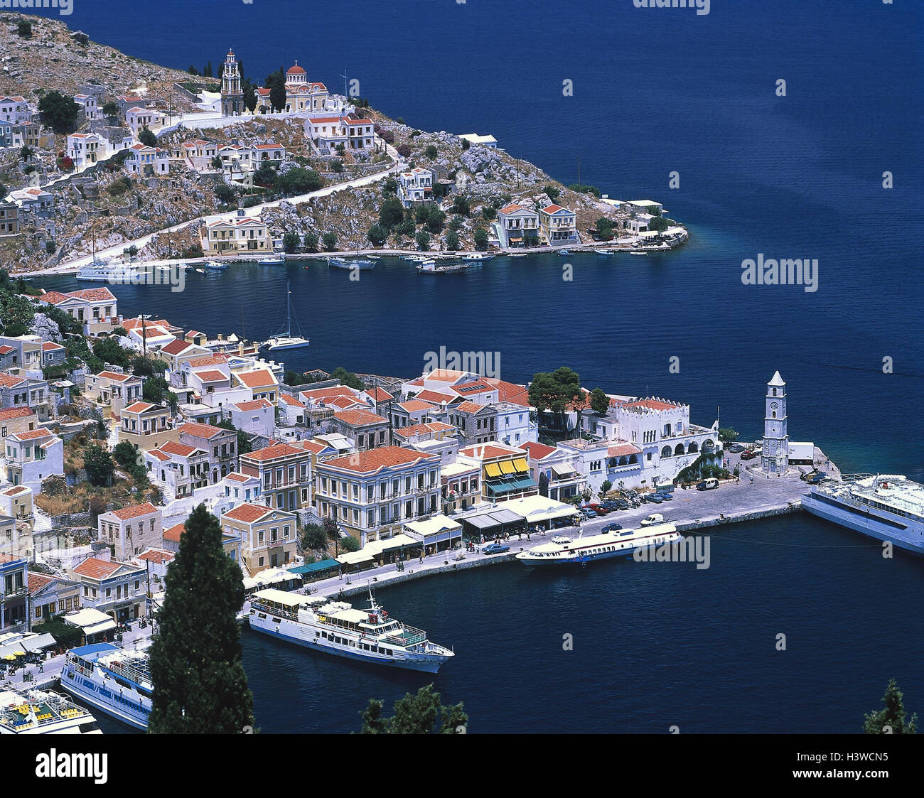 Greece, island, Symi, town overview, harbour, Dodekanes, town, Simi ...
