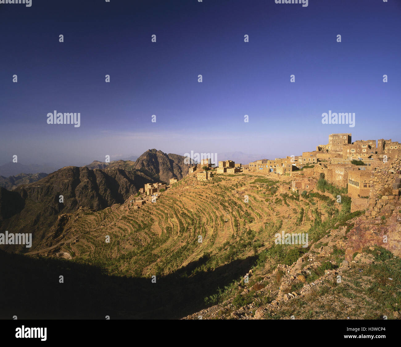 Yemen, Sahara, mountain village, Djebel Sahara mountains, terrace ...