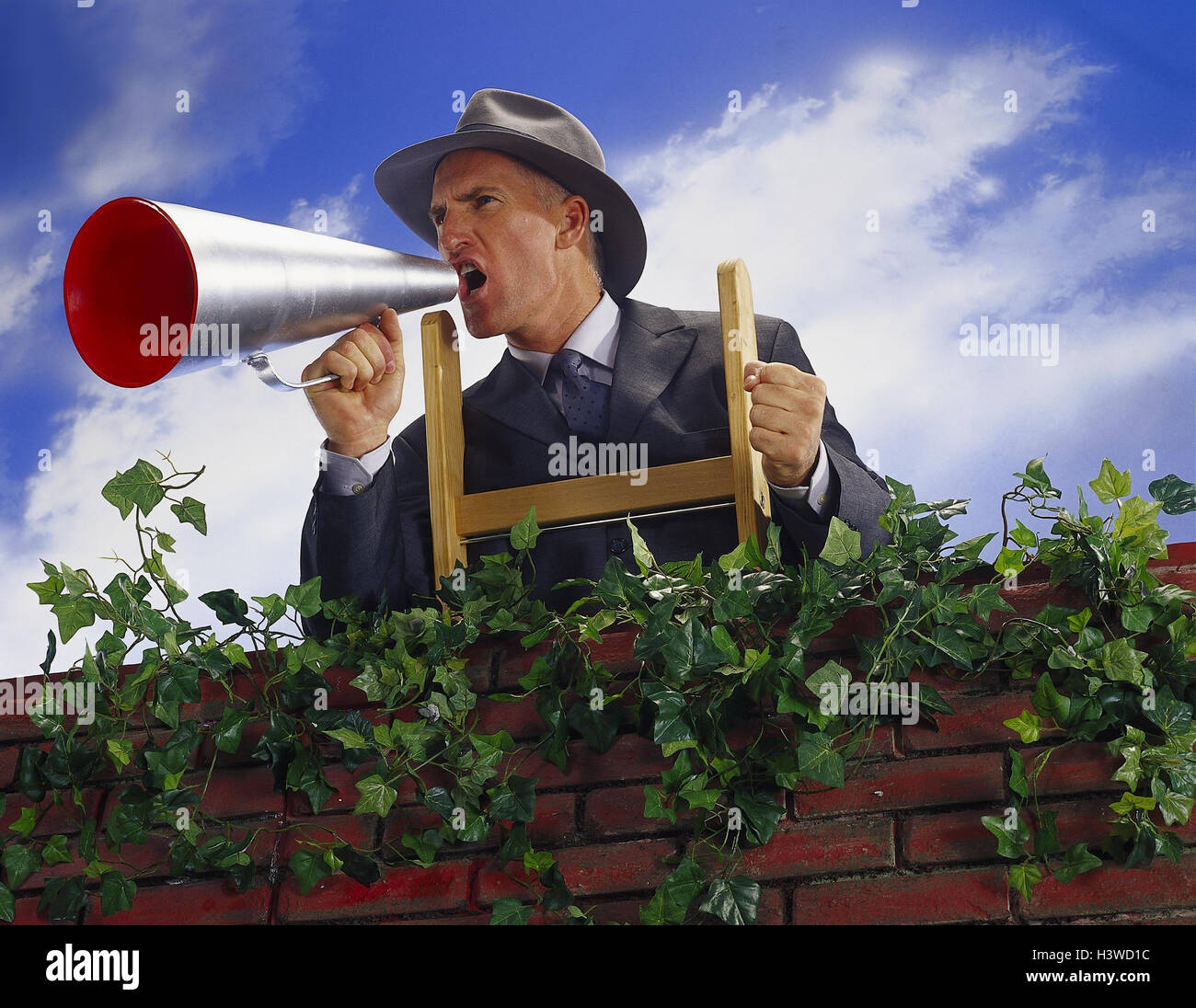 Garden, defensive wall, man, suit, care, conductor, megaphone, Men ...