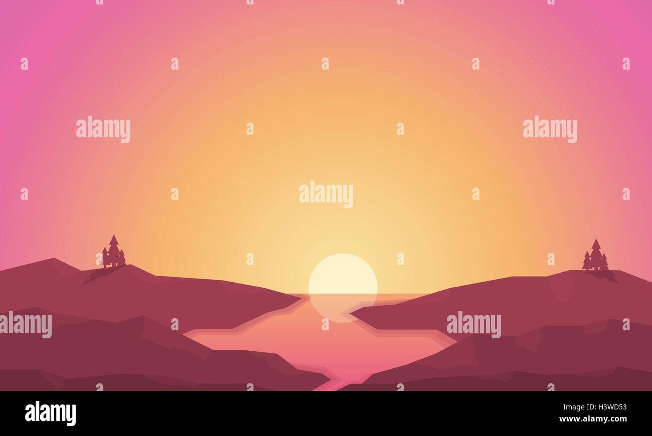 Landscape hills and river at sunrise silhouettes Stock Vector Image ...