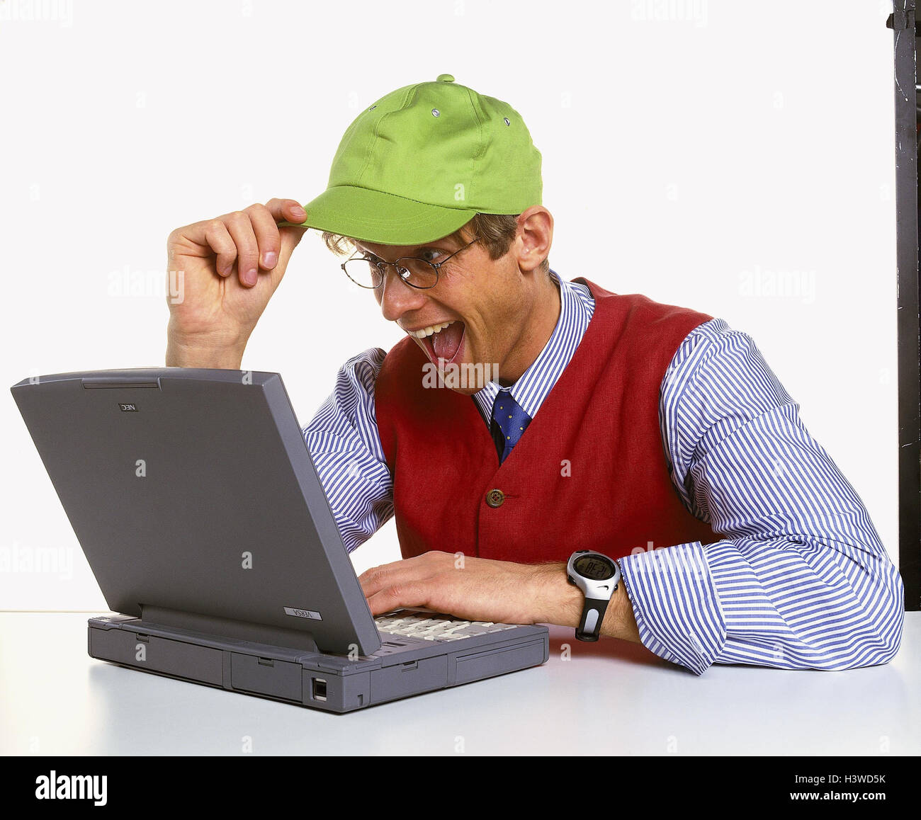 Man, glasses, sign cap, laptop, gesture, joy, success Men, computer ...