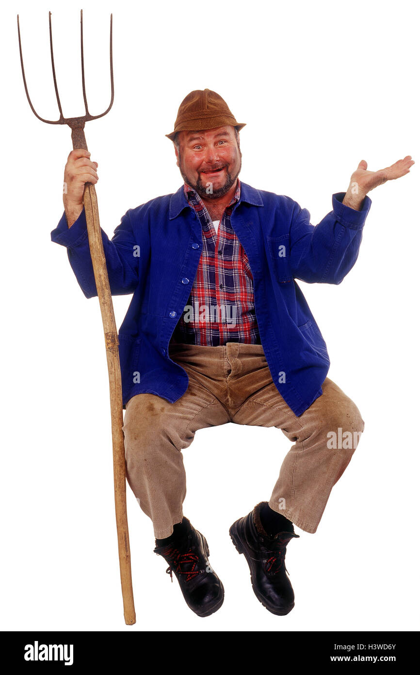Farmer, care, hayfork, sit, gesture, helplessly, professions, studio ...
