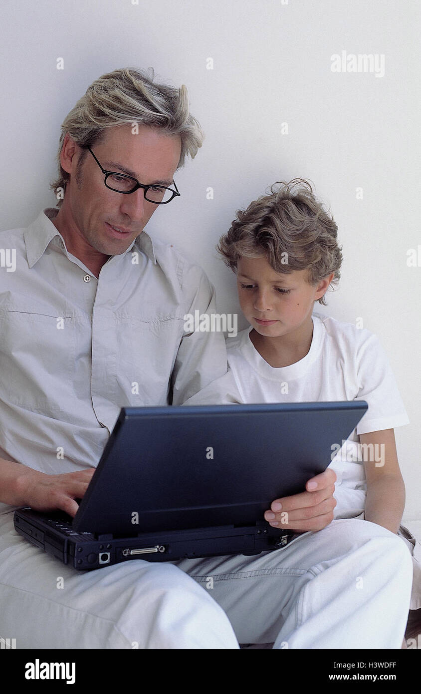 Father, son, notebook computer, inside, sit, declare man, child, boy ...