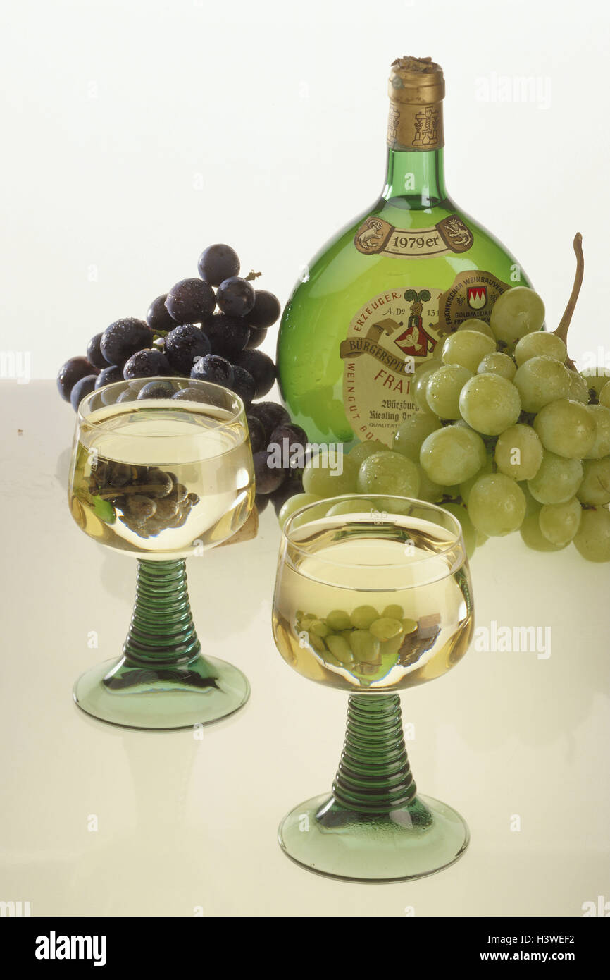 Bocksbeutel wine, grapes, wineglasses, Still life, wine Bottle, wine ...