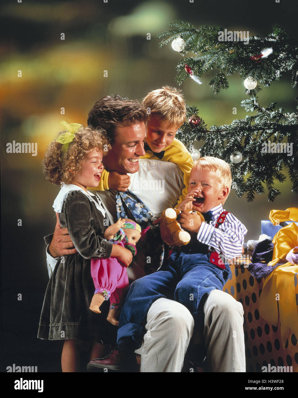 Christmas, father, children, happy, Christmas tree, presents feast ...