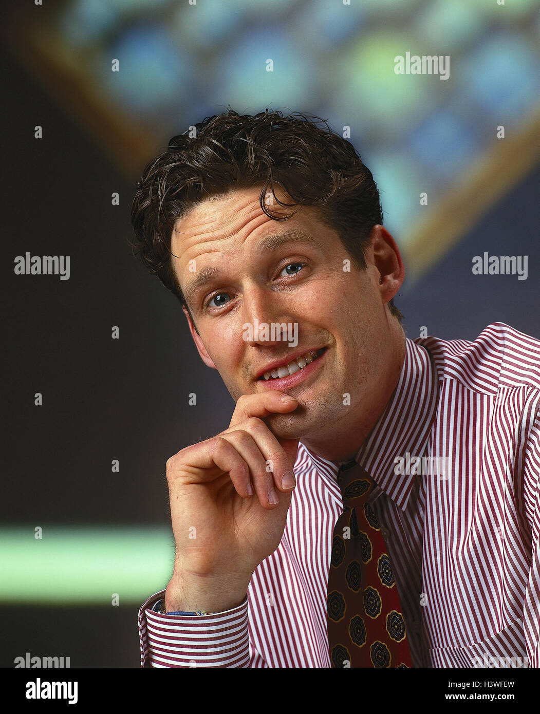 Man, gesture, thoughtful, half portrait, young, smile, add support ...