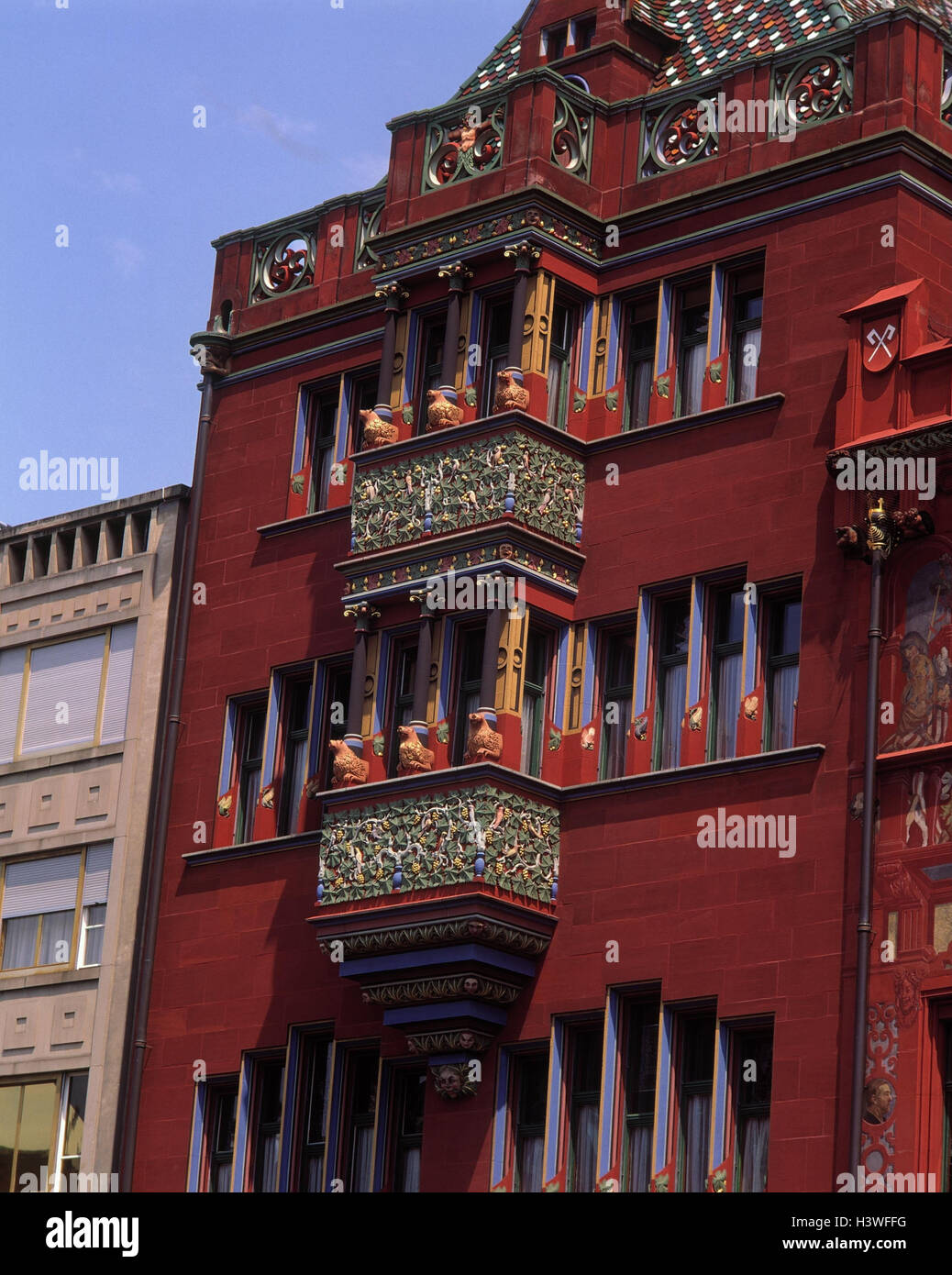 Switzerland, Basel, city hall, detail, facade, bay window, architecture ...