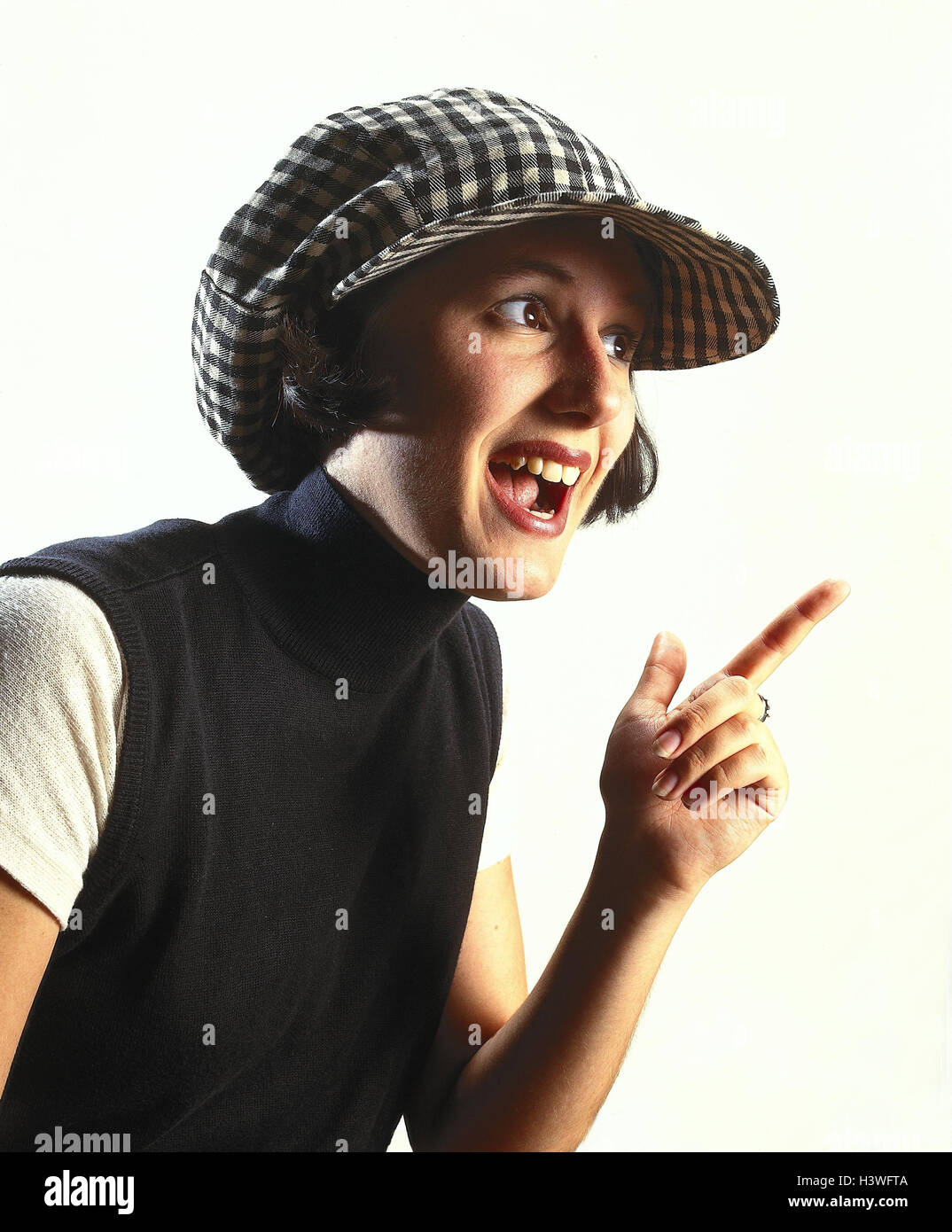 Woman, cap, gesture, attention, half portrait, cap, checked, warn ...