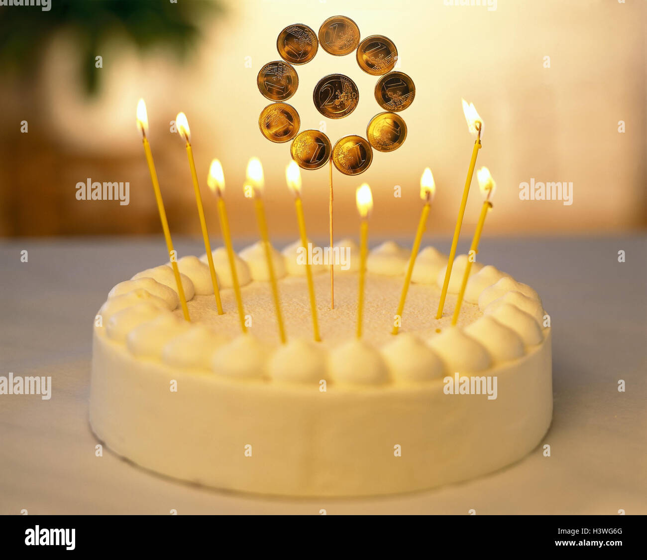 Icon, introduction, euro, cake, white, candles, euro coins, Still life ...