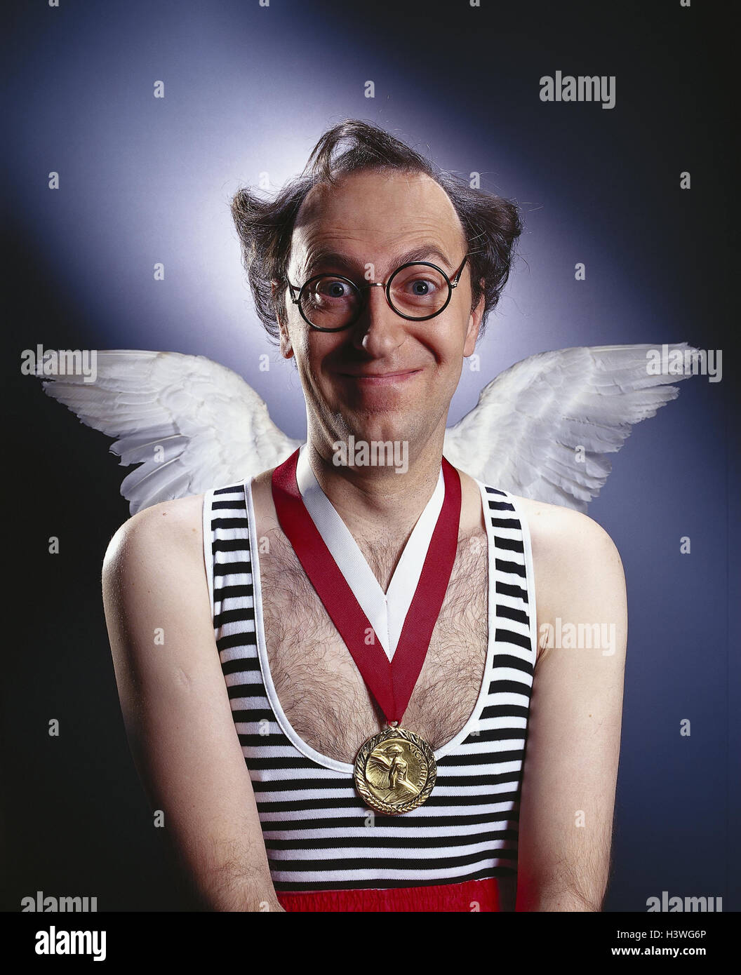 Man, middle old person, glasses, jersey, medal, angel's wing, half ...