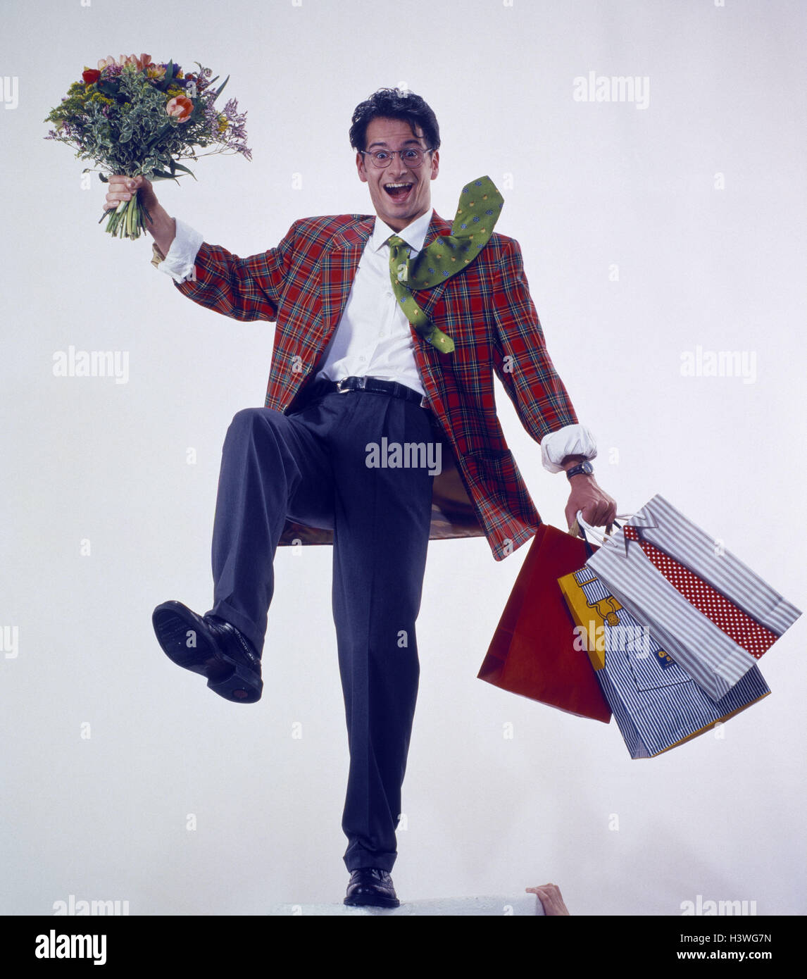 Man, happy, bouquet, purchasing bags, gesture, shopping tour ...
