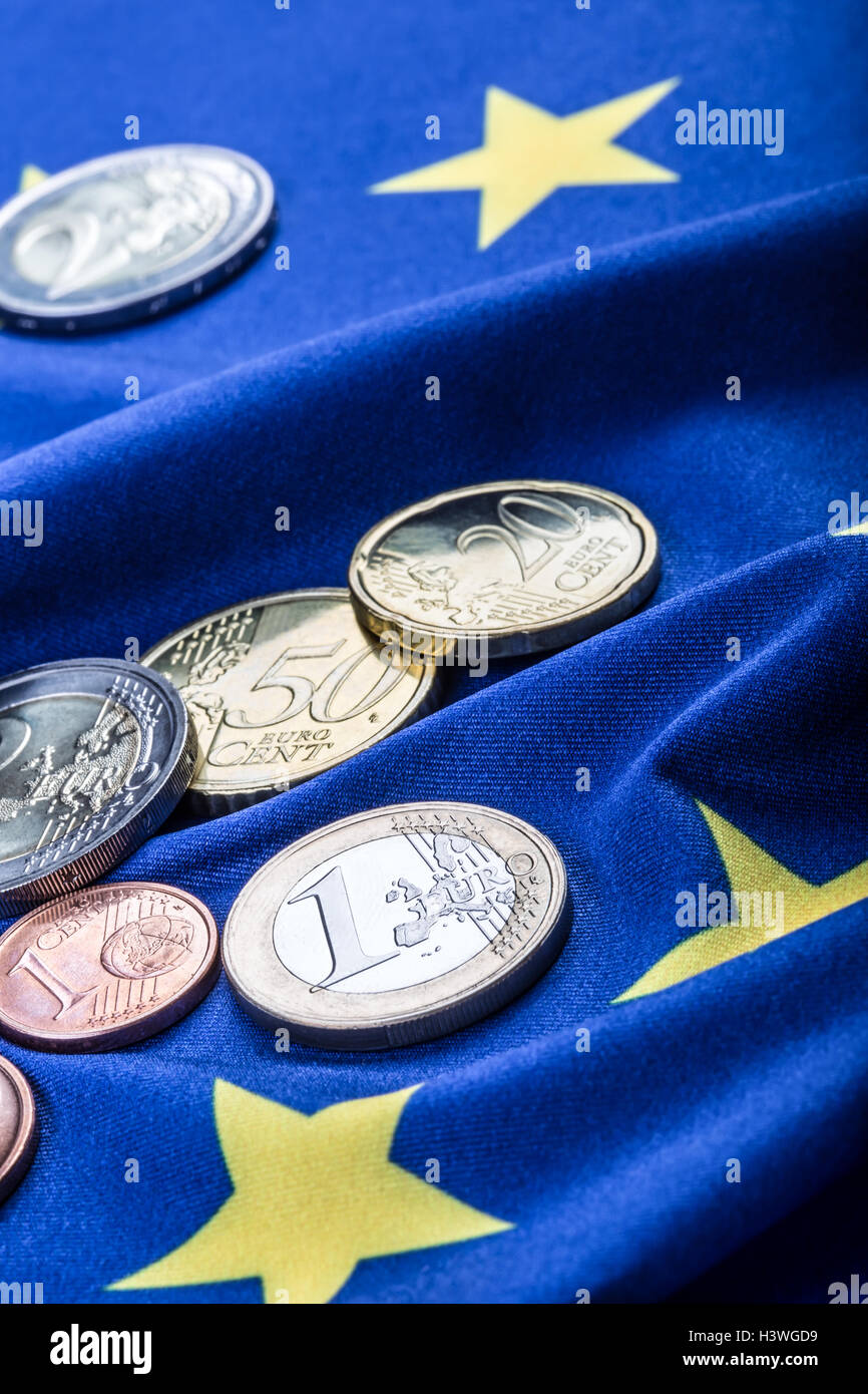 Euro coins. Euro currency. Euro money. European flag and euro money ...