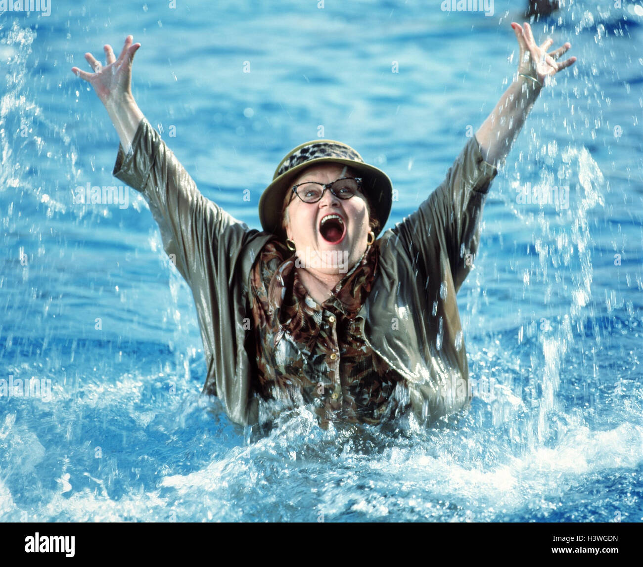 Woman, middle old person, water, shout, gesture, clothes, wet, lake ...