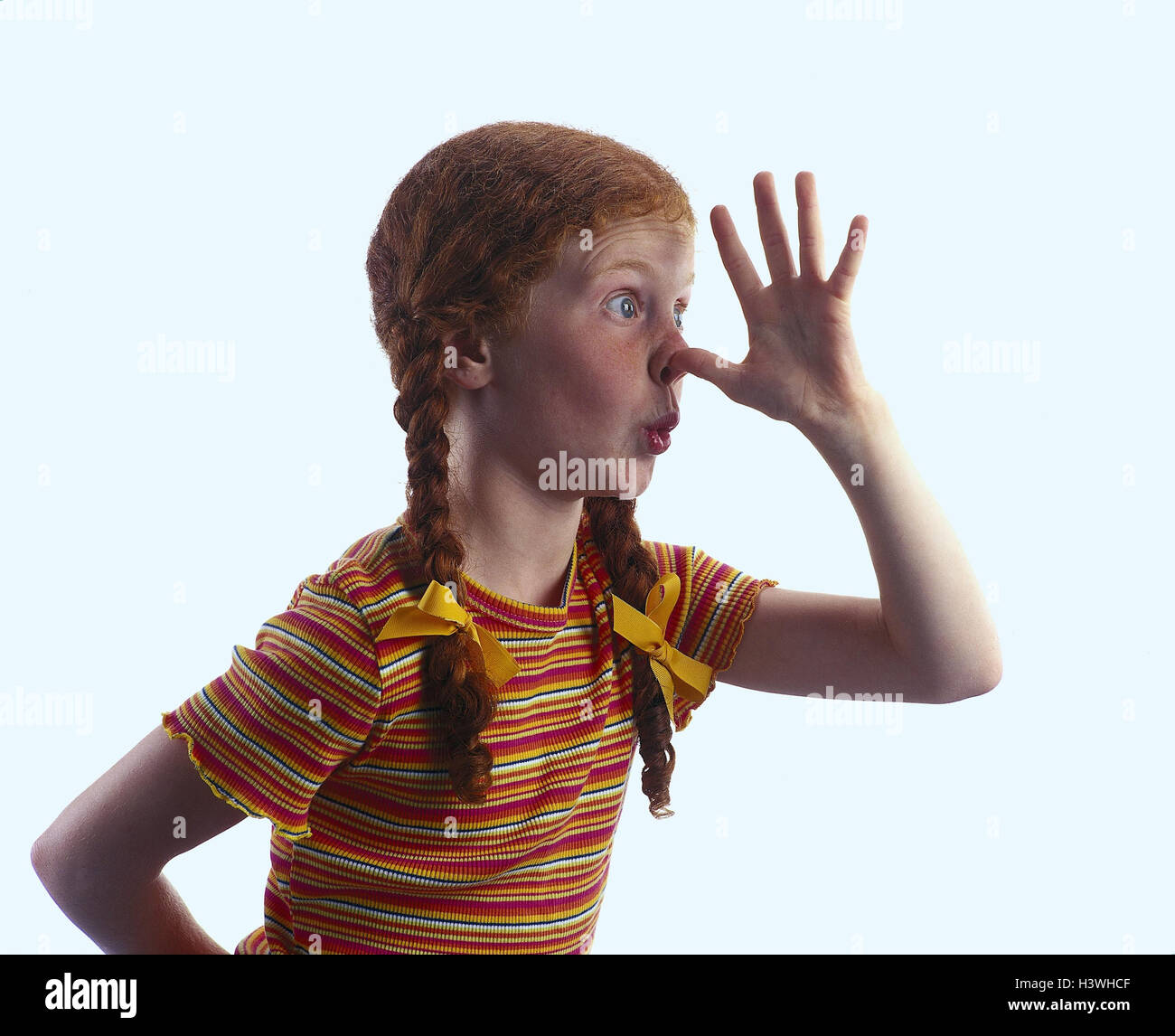 Girls, red-haired, plaits, gesture, "long nose", cheeky, half portrait ...