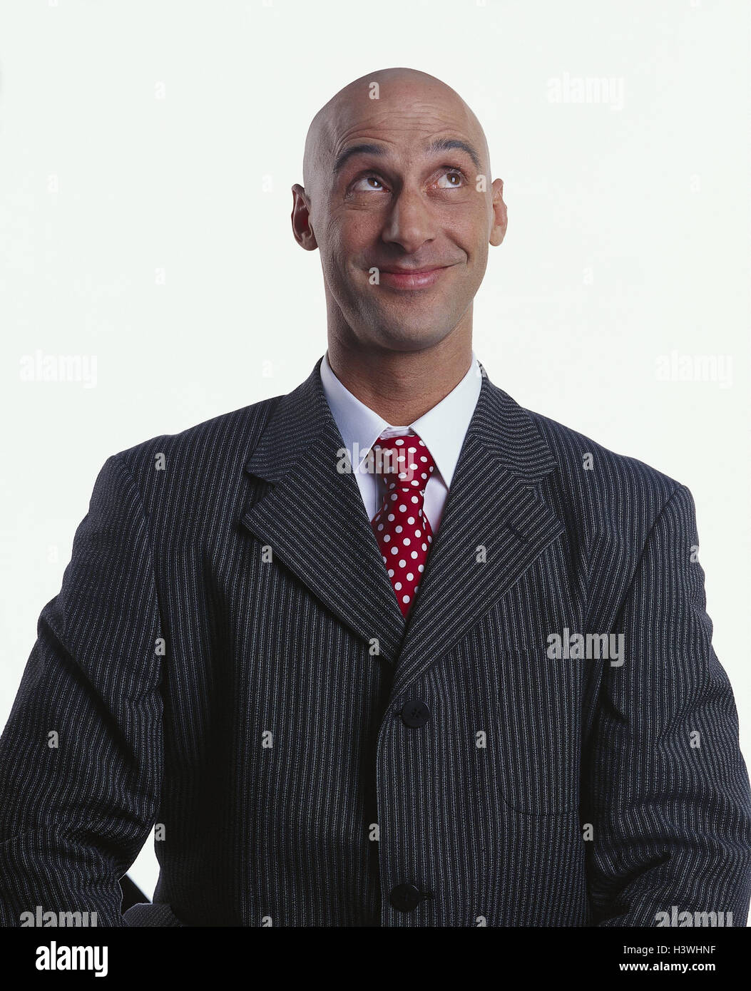 Man, bald head, suit, view, up, smile, half portrait, facial play, grin ...