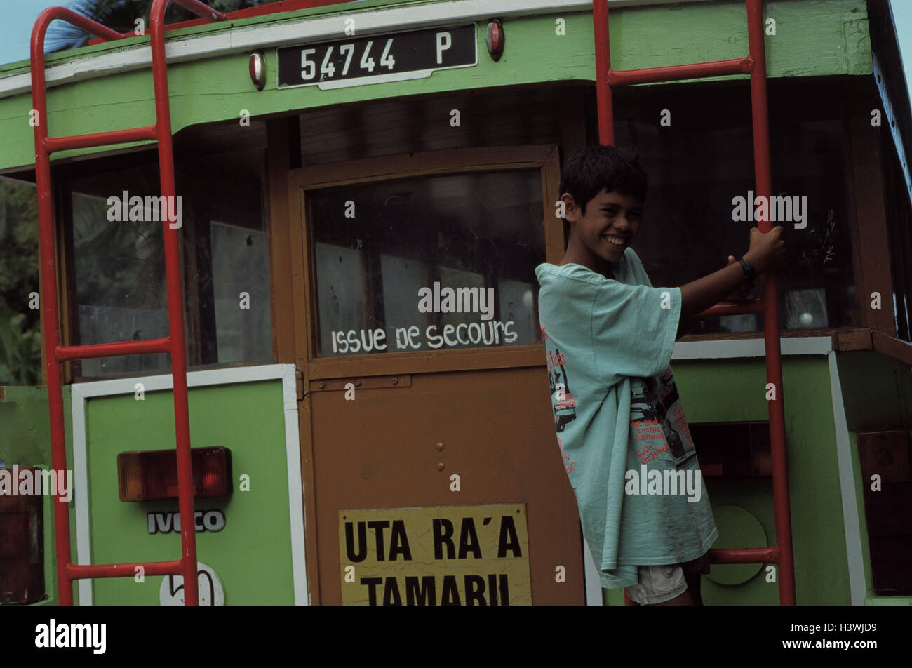 French Polynesia, the Society Islands, island Moorea, regular bus, rear ...