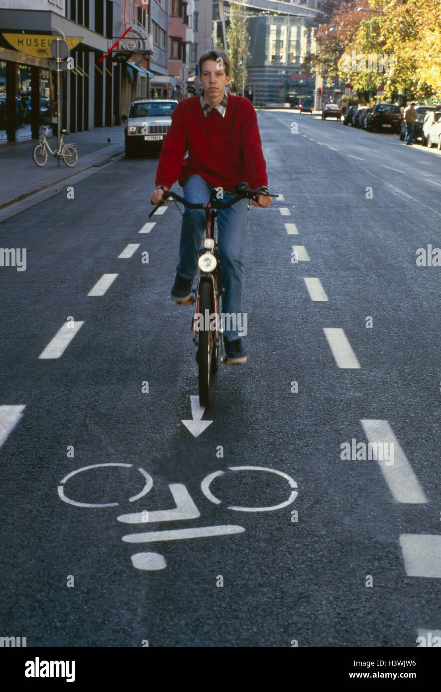 Town, street, cyclist, selection, bicycle track, young person, riding ...