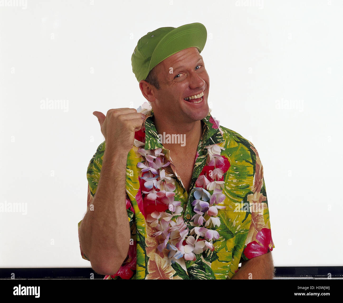 Tourist, Hawaii shirt, cap, laugh, gesture, hand, pollex, indicate ...
