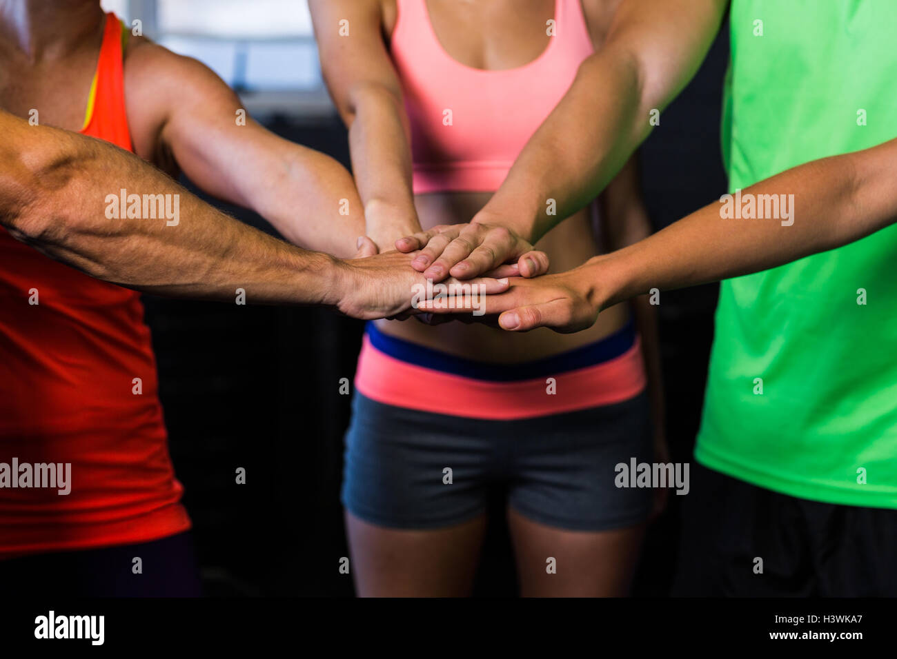 Cropped image of athletes putting hands together Stock Photo - Alamy