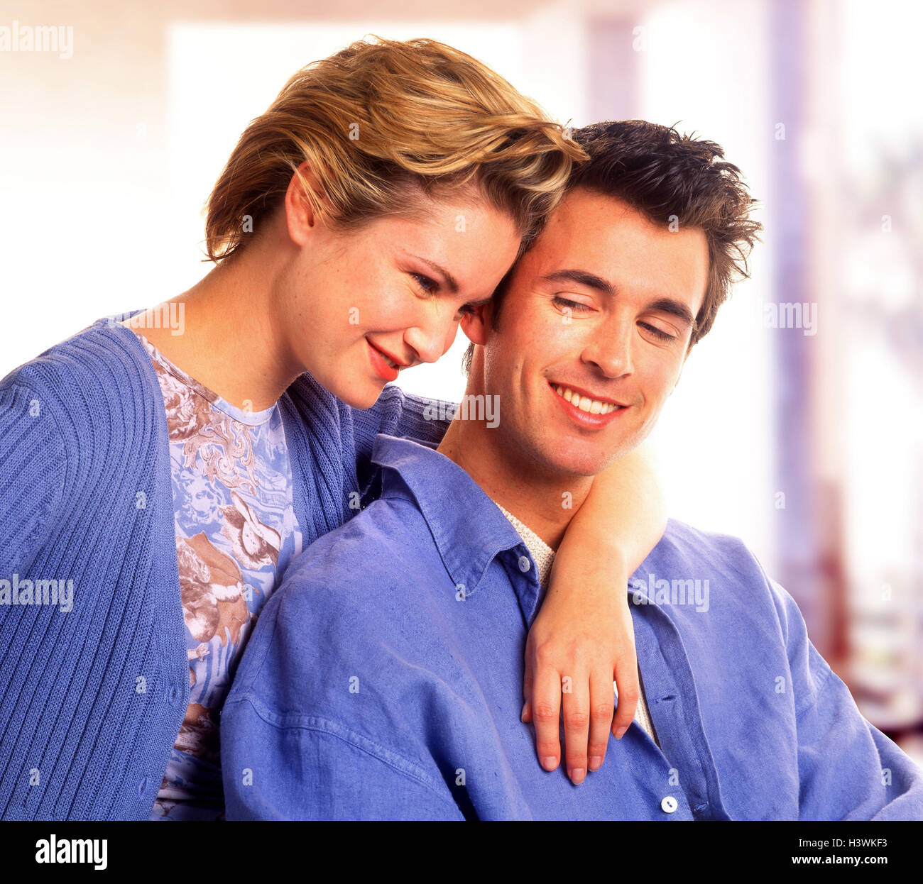 Couple, young, falls in love, embrace, tenderness, smile, half portrait ...