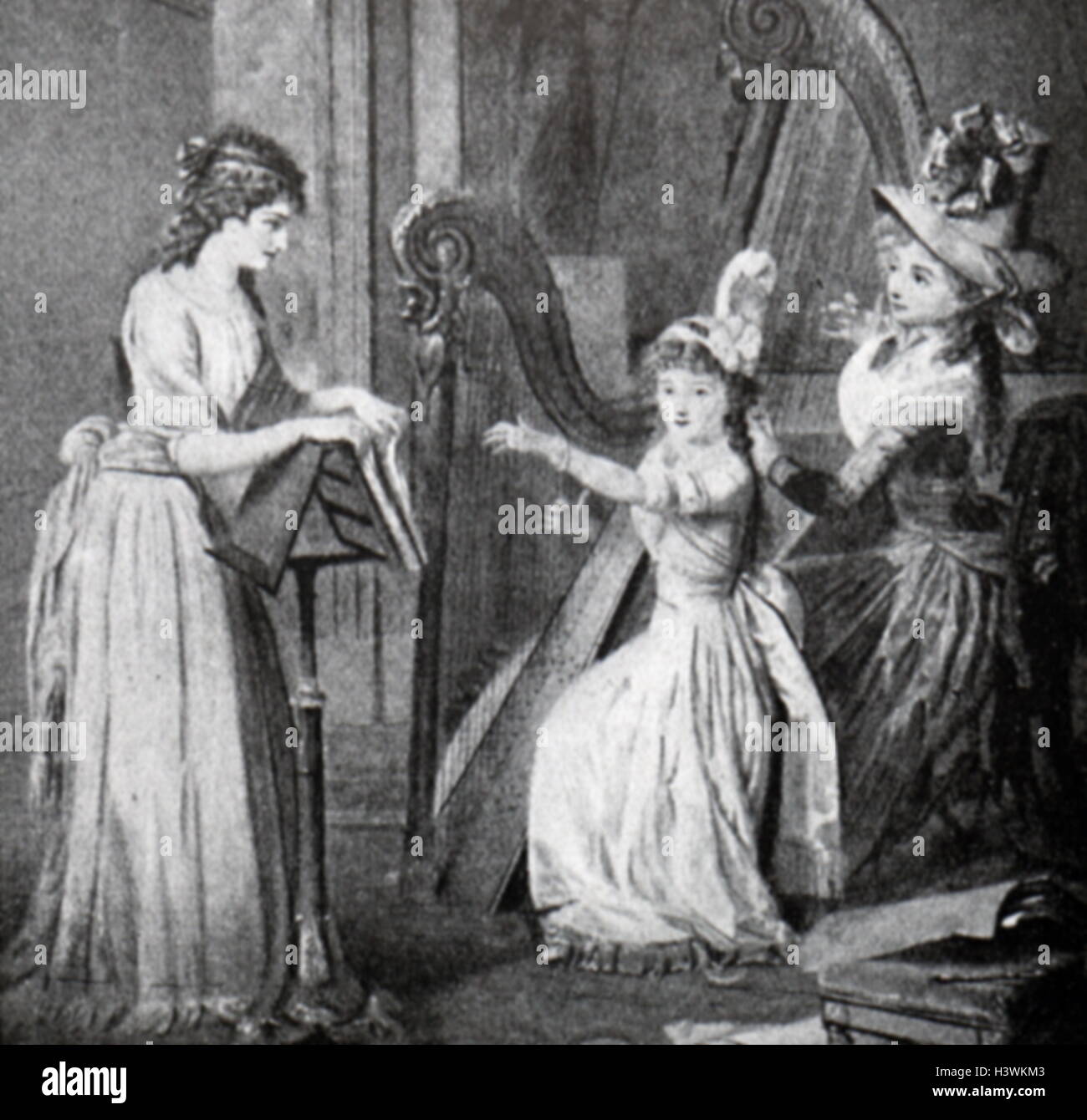 Scene depicting three young ladies practicing their musical instruments ...