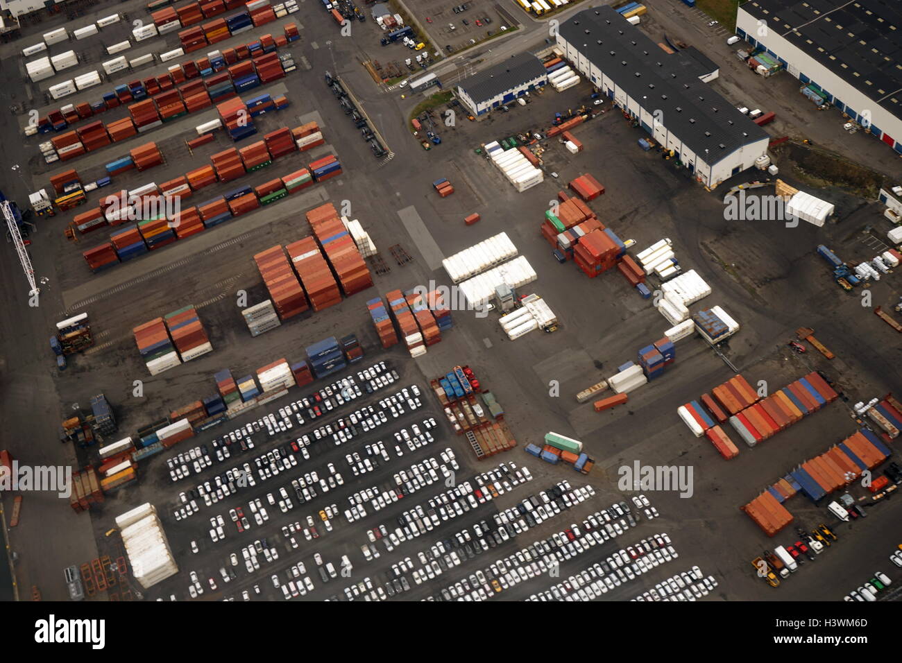 Aerial view of outskirts of Reykjavik, Iceland. Pictured are shipping ...