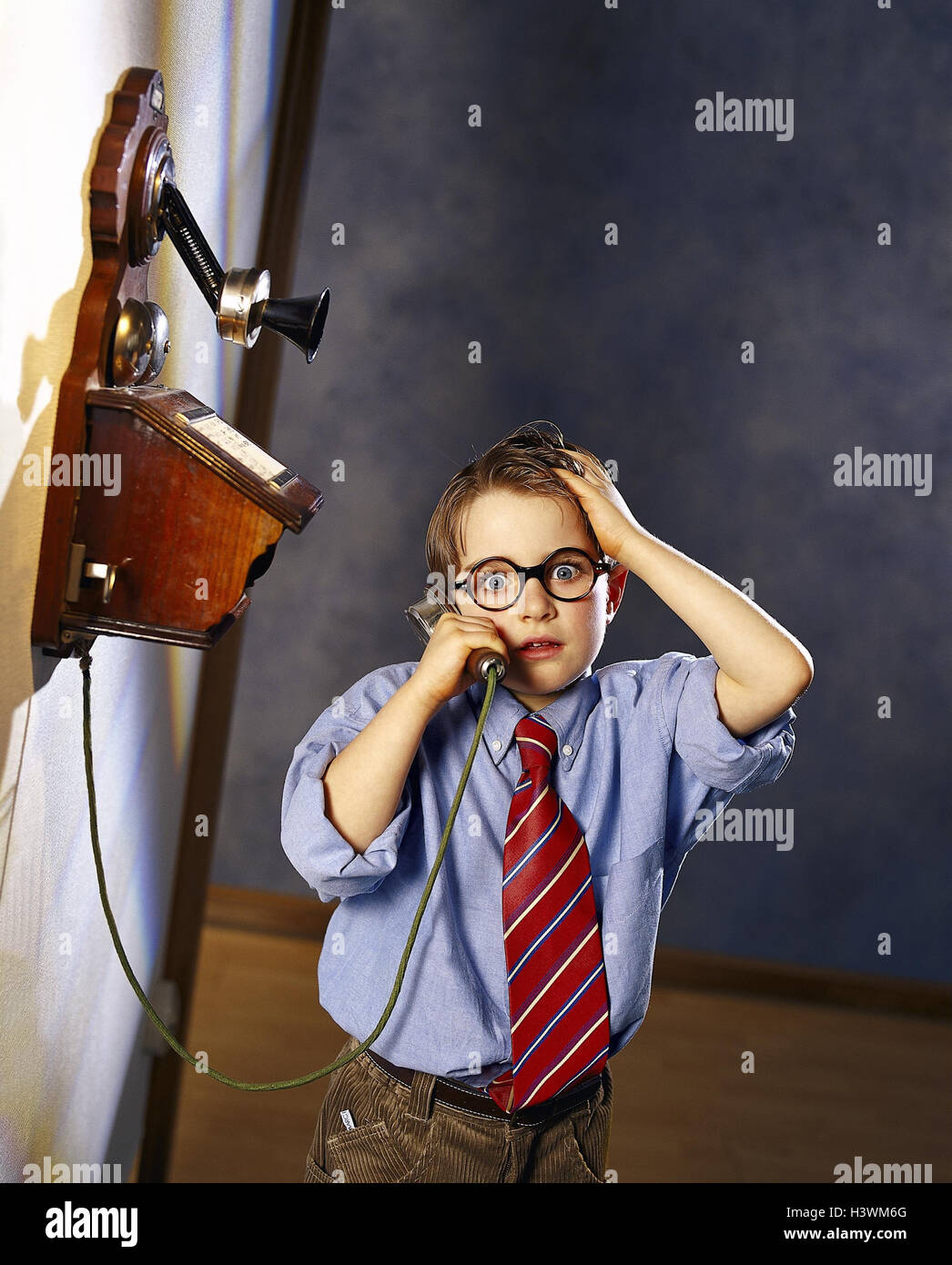 Nostalgia, wall phone, boy, glasses, shirt, tie, call up, gesture ...
