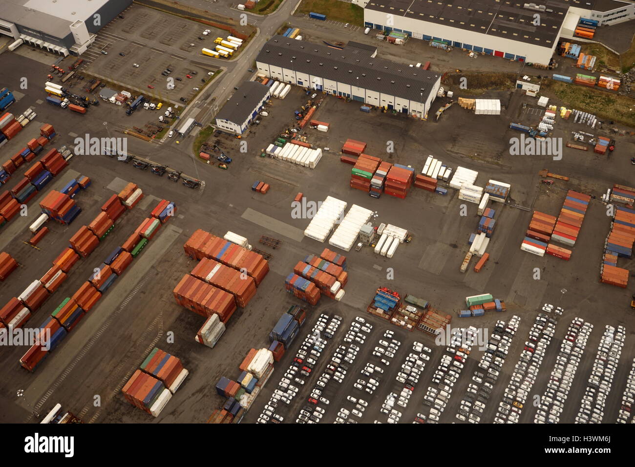 Aerial view of outskirts of Reykjavik, Iceland. Pictured are shipping ...