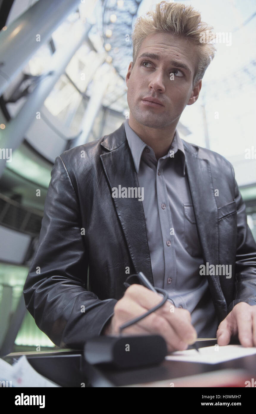 Bank, man, young, table, stand, fill out form, inside, savings bank ...