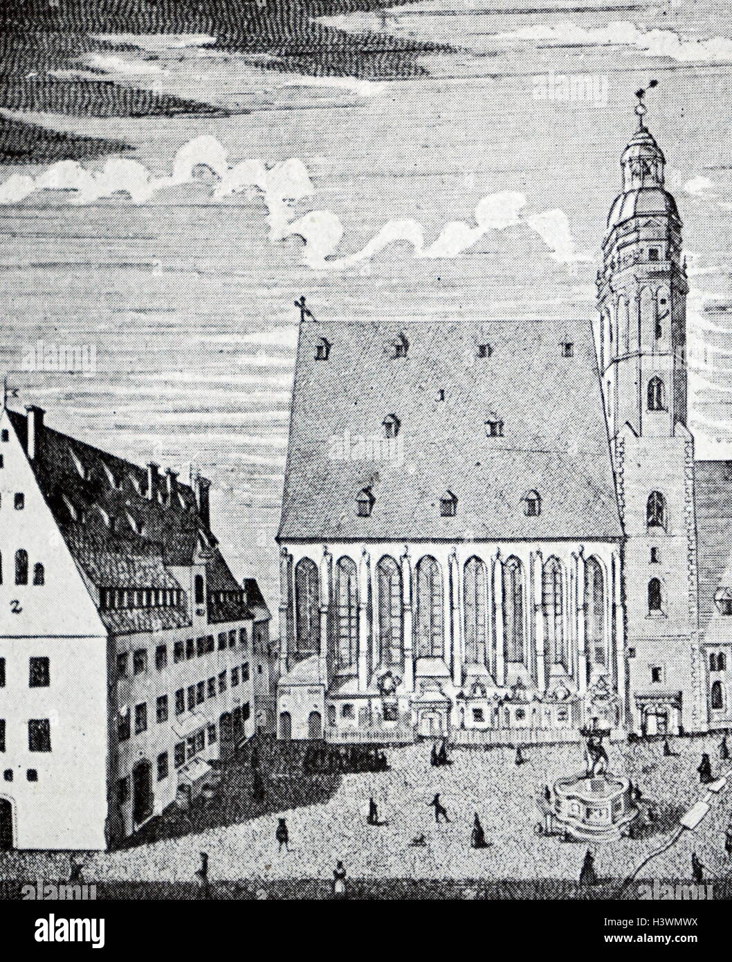 Engraving of St. Thomas Church, Leipzig, a Lutheran church in Leipzig ...