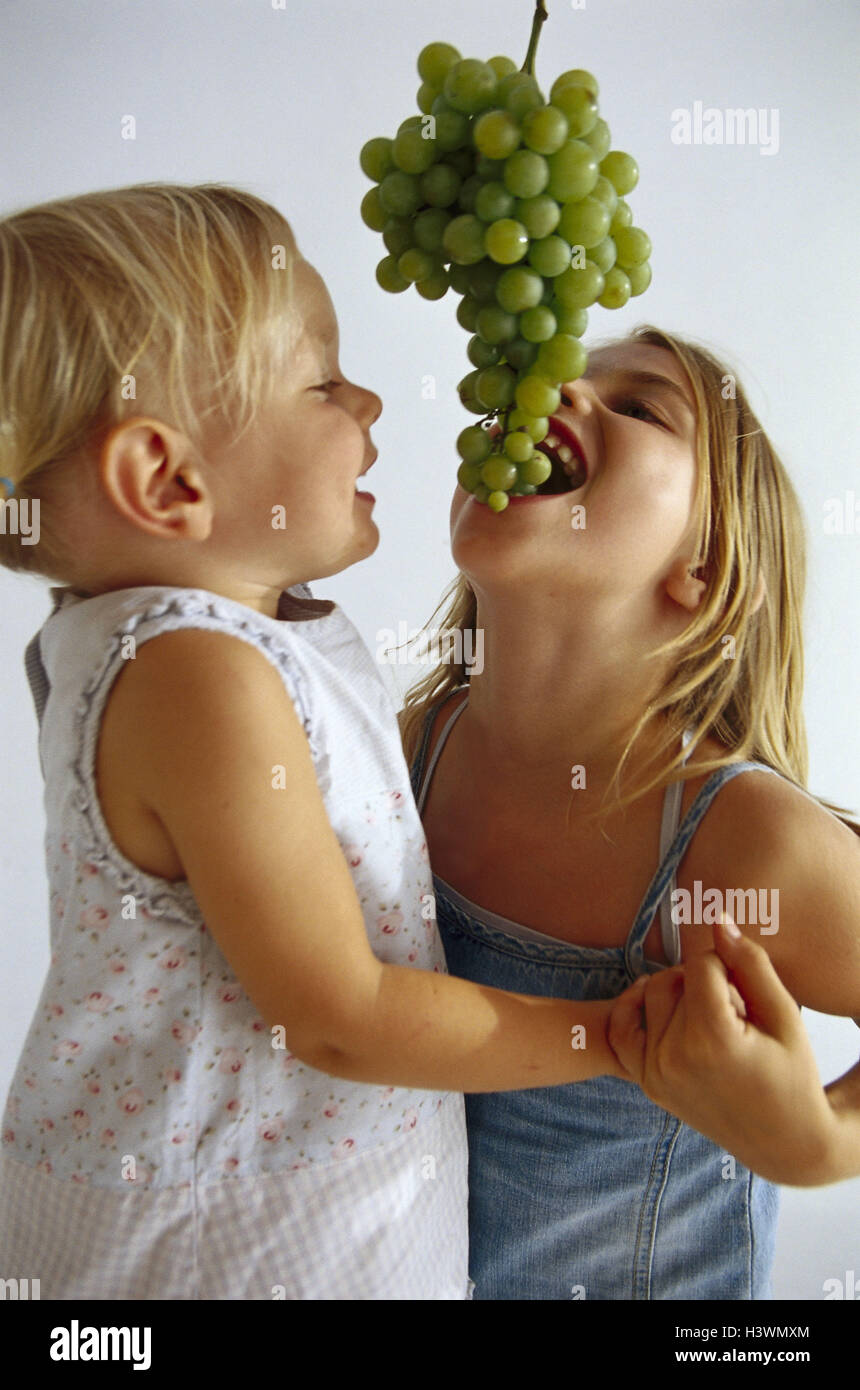 Children, girls, laugh, eat grapes, play infant, sisters, siblings, two ...