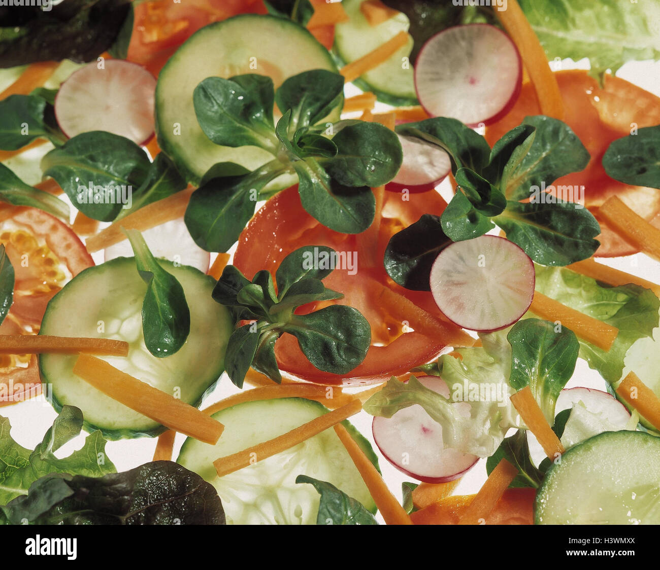 Salad, vegetables, passed away, cut tomato, cucumber, radish, carrot ...