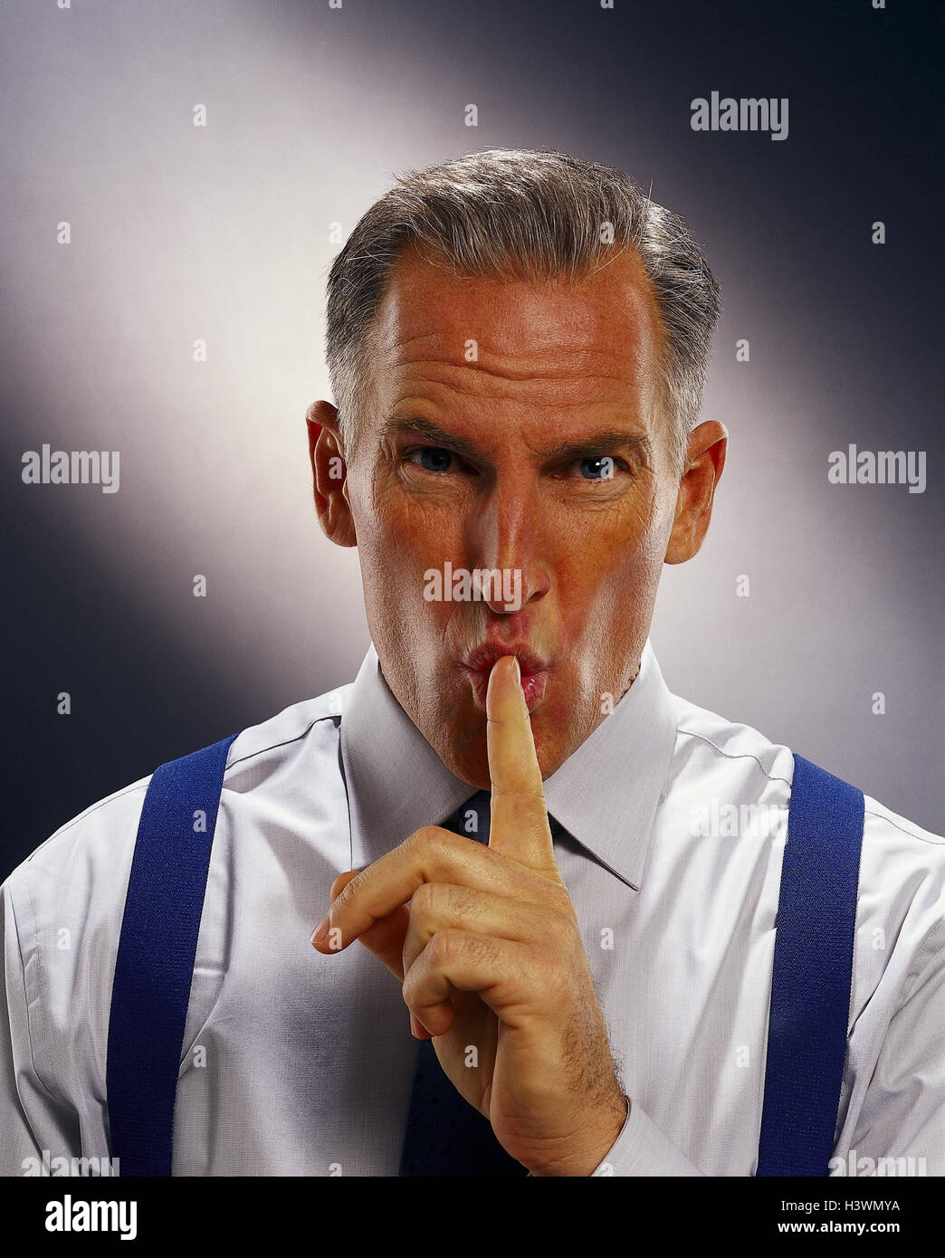 Man, middle old person, shirt, tie, braces, gesture, silence, quiet ...