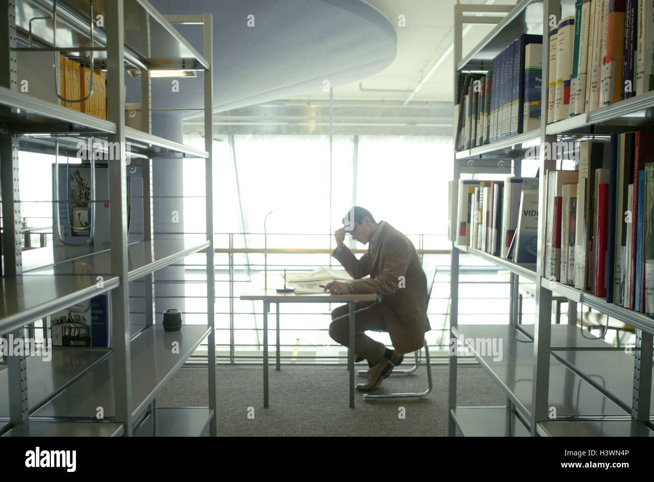 Library, shelves, table, man, read, side view, library, public library ...