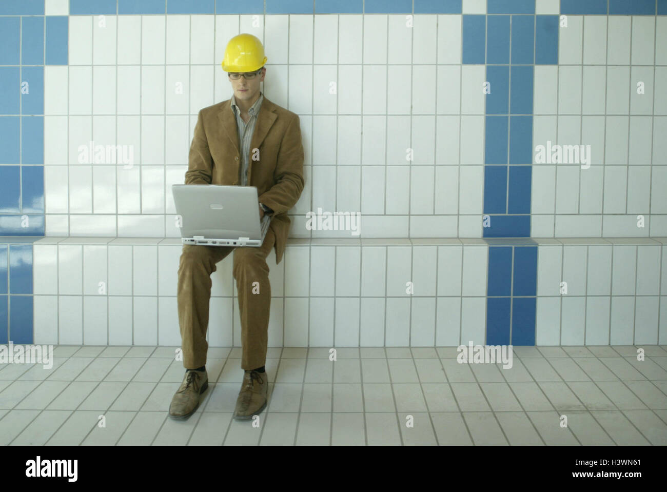 Men at work, swimming-pool, architect, construction helmet, laptop ...