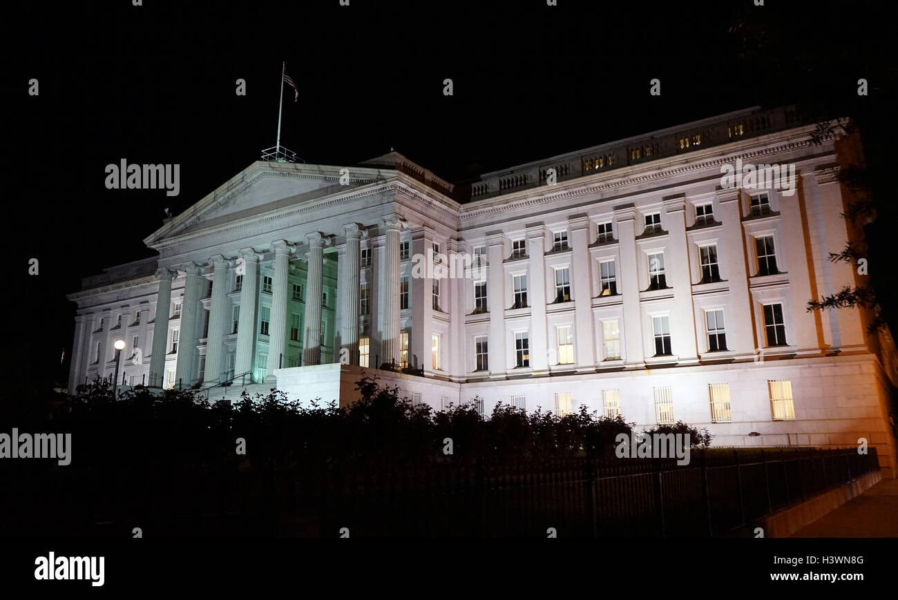 The Treasury Building at night, which houses the treasury of the United ...