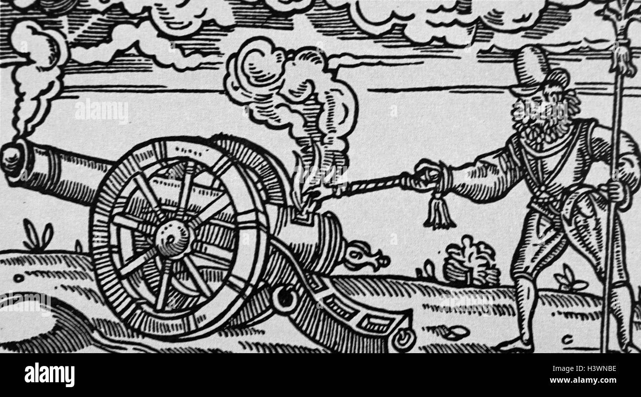 Woodblock print of the fuse of a cannon being lit. Dated 16th Century ...
